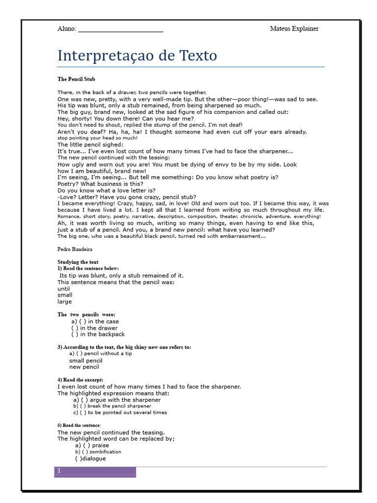 Text Interpretation - 7th Grade - The Pencil Stub | PDF | Laughter ...