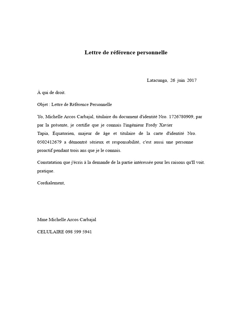 Lettre de Référence Personnelle pour Fredy Tapia | PDF