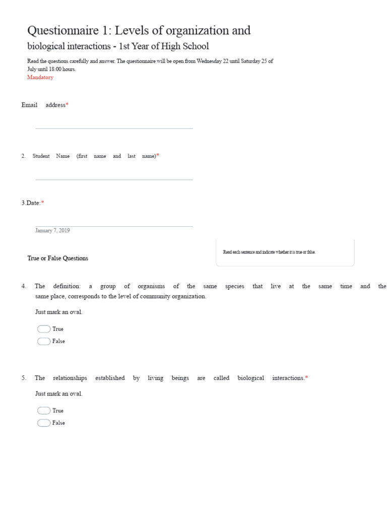 Questionnaire 1 - Levels of Organization and Biological Interactions ...