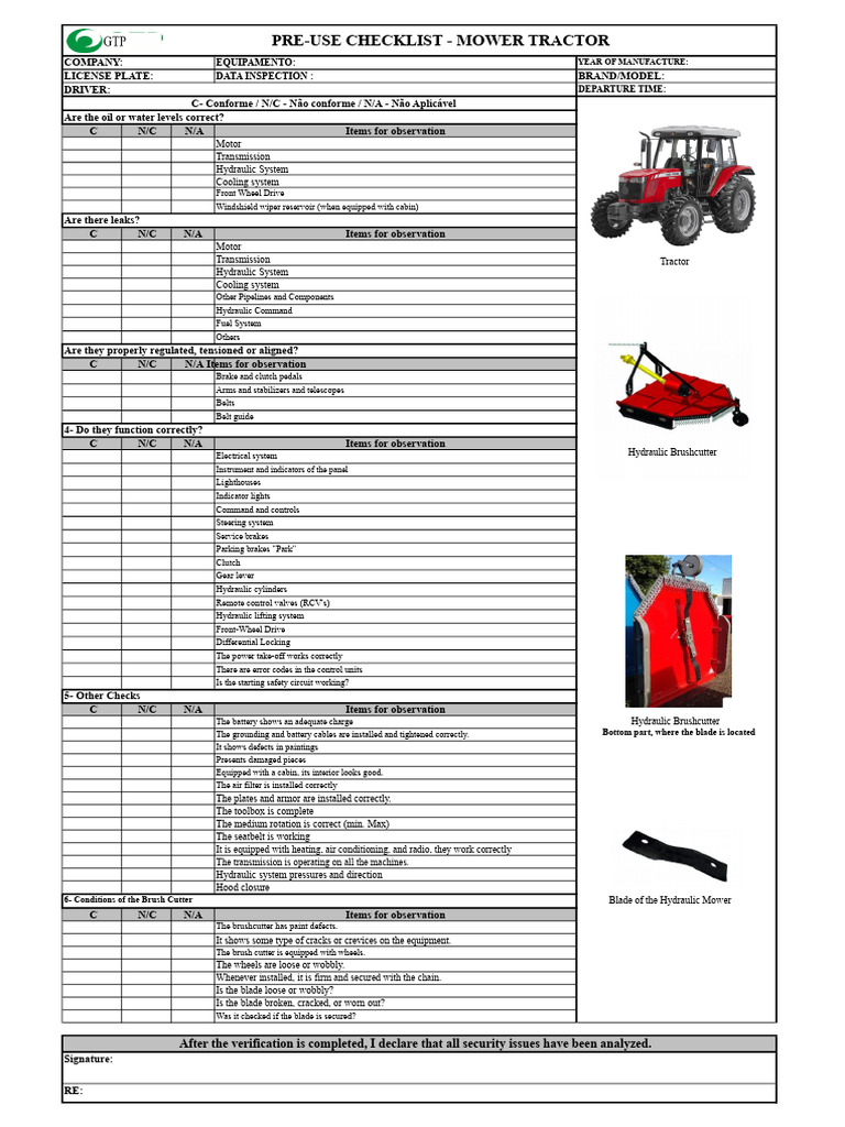 Mower Tractor Pre-Use Inspection Checklist | PDF | Tractor | Clutch