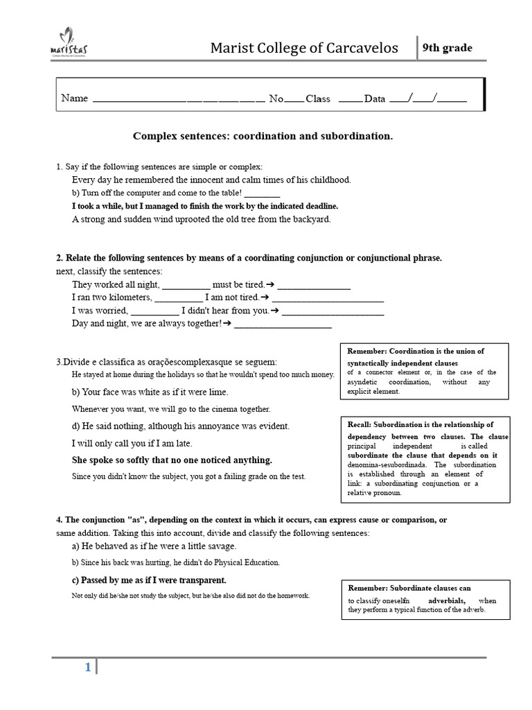 Complex Sentences Exercises 9th Grade | PDF | Clause | Adjective