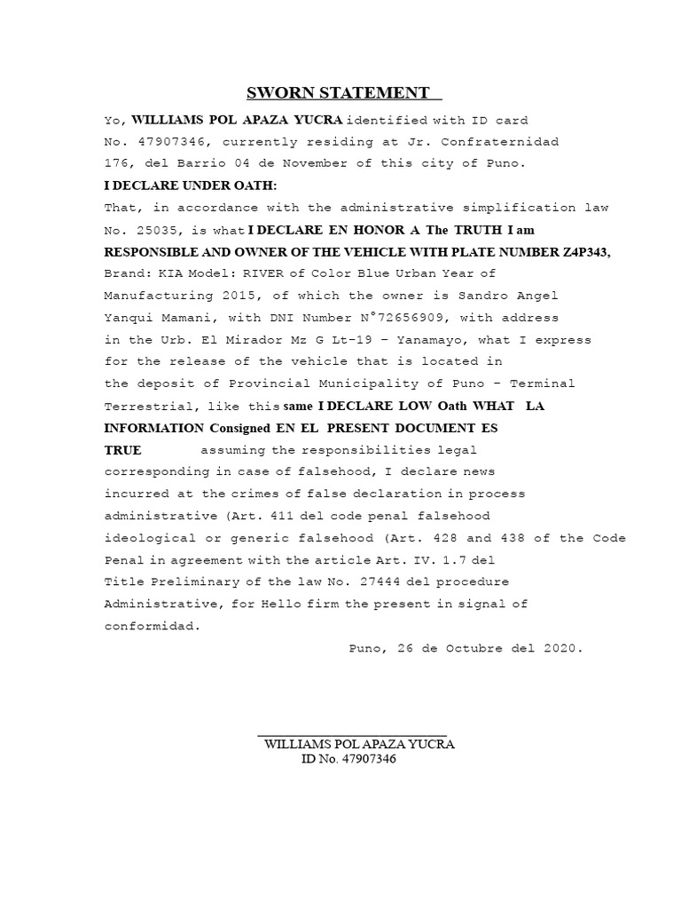 Vehicle Sworn Statement | PDF