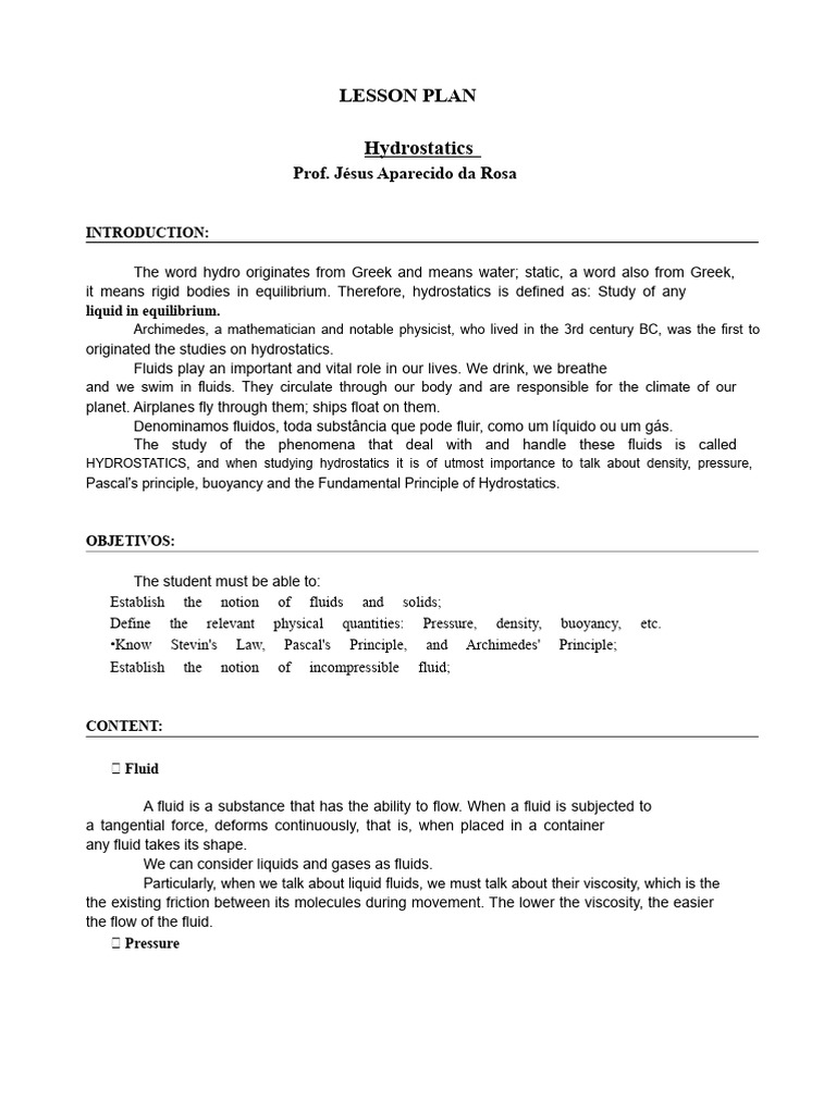 Hydrostatics Lesson Plan Overview | PDF | Buoyancy | Pressure