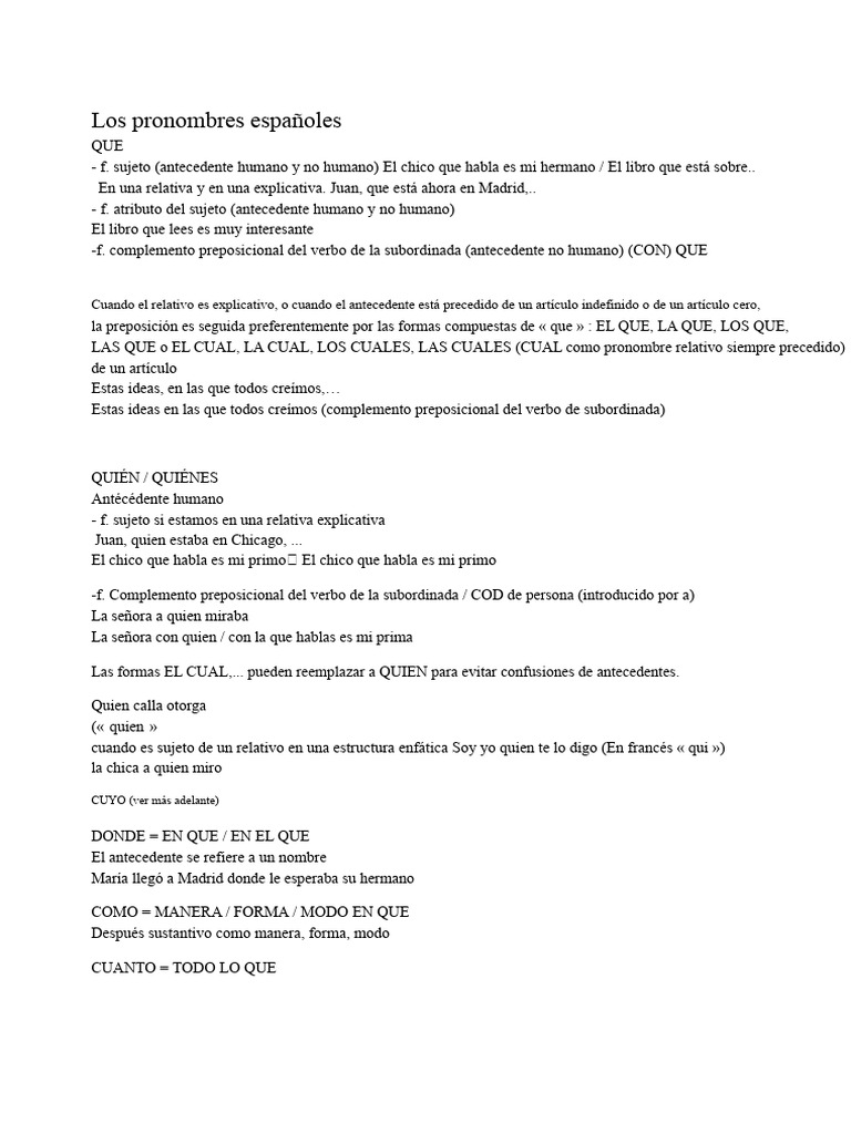 Los pronombres relativos en español | PDF | Verbo | Asunto (gramática)
