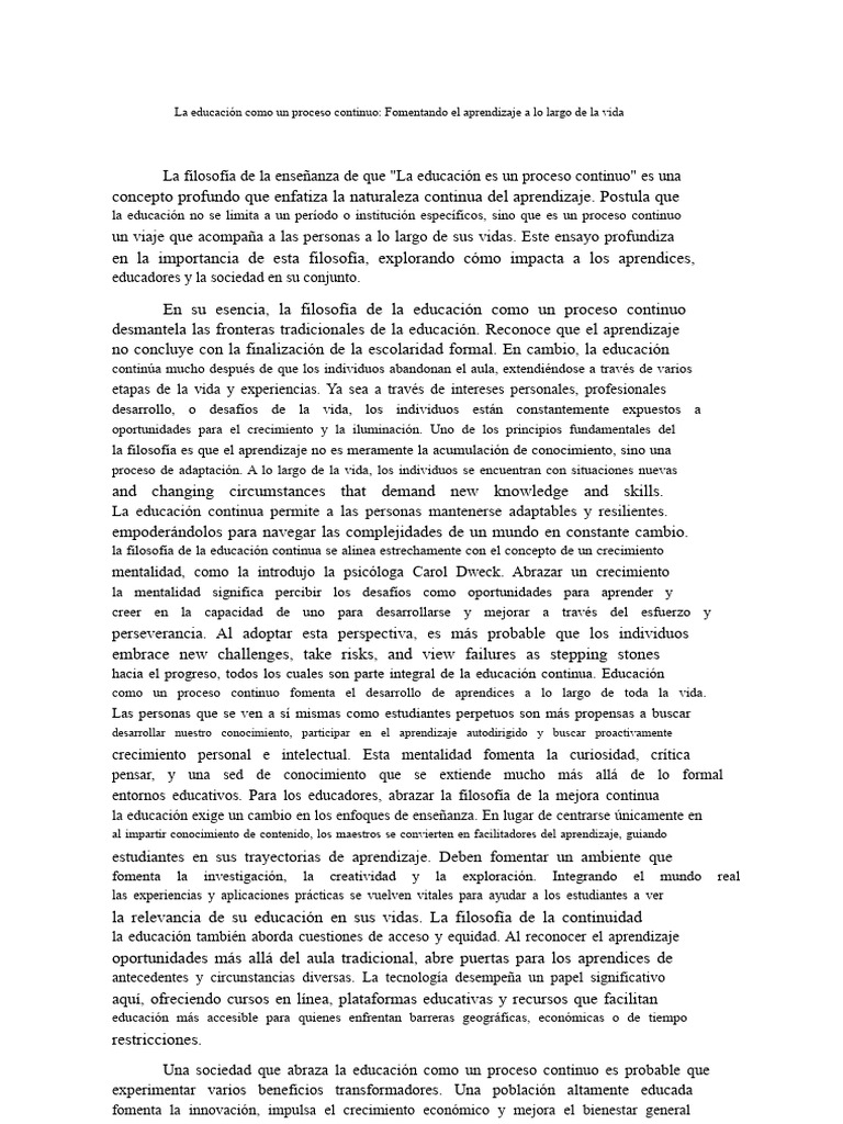 La educación como un proceso continuo | PDF | Aprendizaje | Enseñando