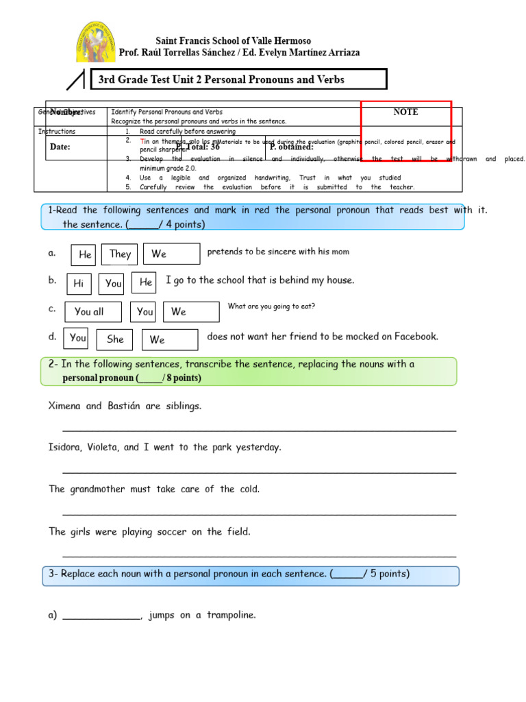 EVALUATION 3B PRONOUNS AND VERBS | PDF | Verb | Language Families