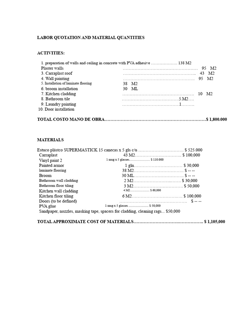 LABOR QUOTATION AND MATERIAL QUANTITIES.docx | PDF
