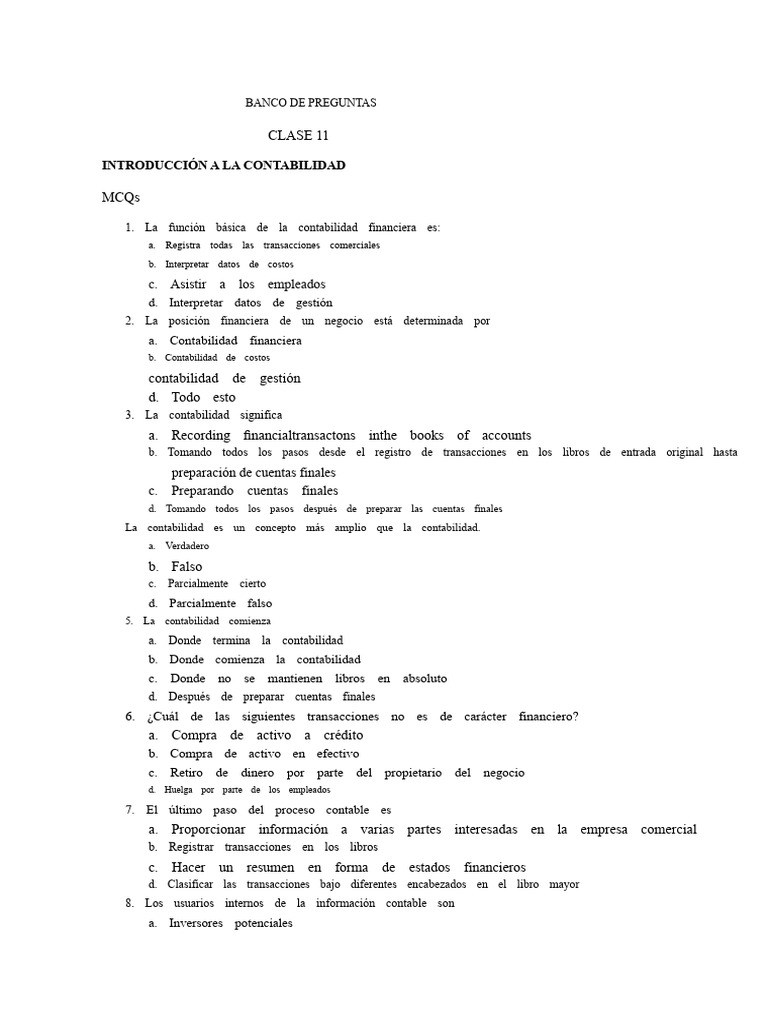 BANCO DE PREGUNTAS clase 11 | PDF | Contabilidad | Contabilidad financiera