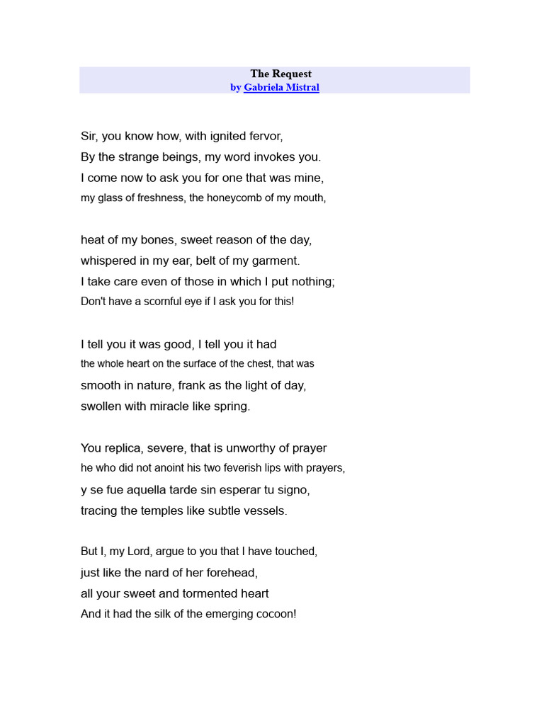The Request: A Poem by Gabriela Mistral | PDF