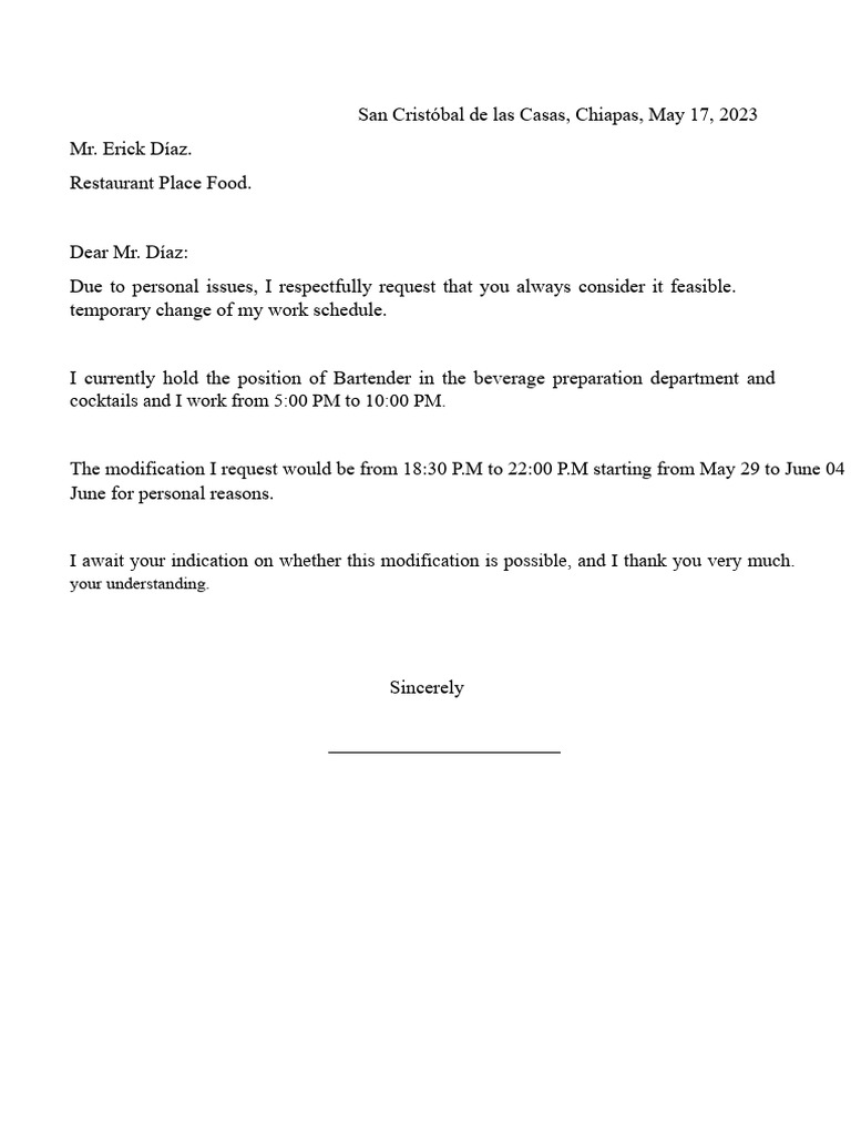 Letter to Request a Temporary Change in Work Schedule | PDF