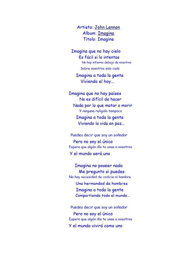 Letra de "Imagine" de John Lennon | PDF