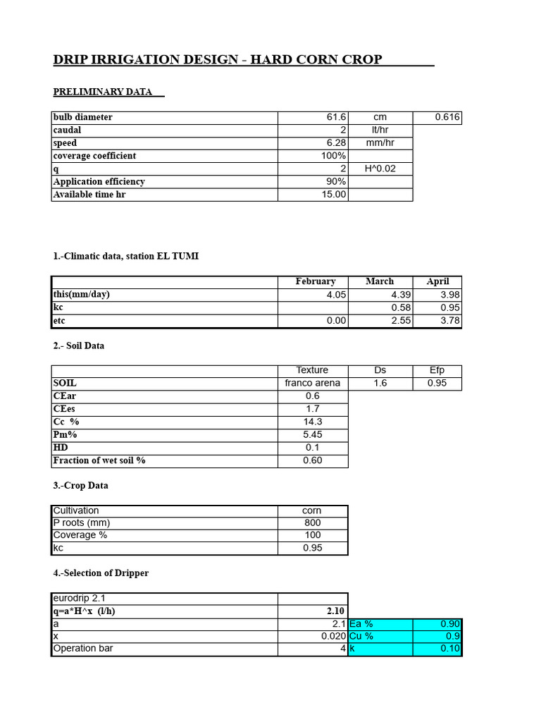 Drip Irrigation Design Excel | PDF | Water Conservation | Water Management
