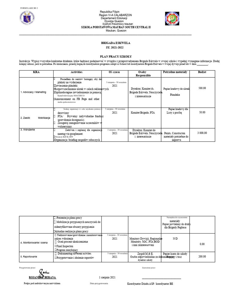 Brigada-Eskwela-Form-2-Plan Pracy Szkoły | PDF