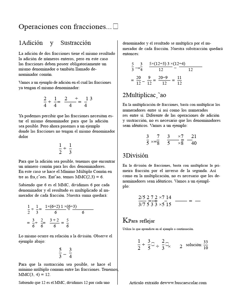 Operaciones con Fracciones: Guía Práctica | PDF | Multiplicación ...