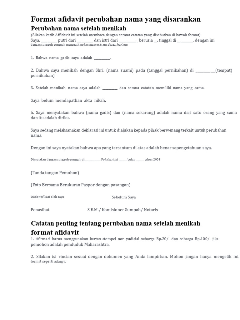 Format Afidavit Perubahan Nama Setelah Menikah | PDF