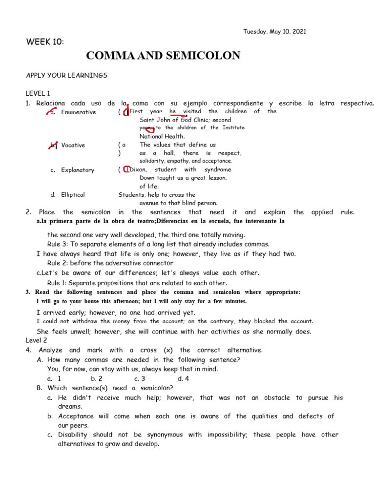 COMMA AND SEMICOLON 1 AND 2 DIRECTED PRACTICE | PDF | Comma