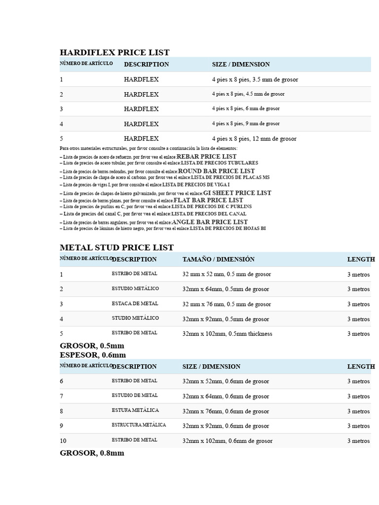 Lista de Precios de Hardiflex | PDF | Rieles | Materiales de construcción