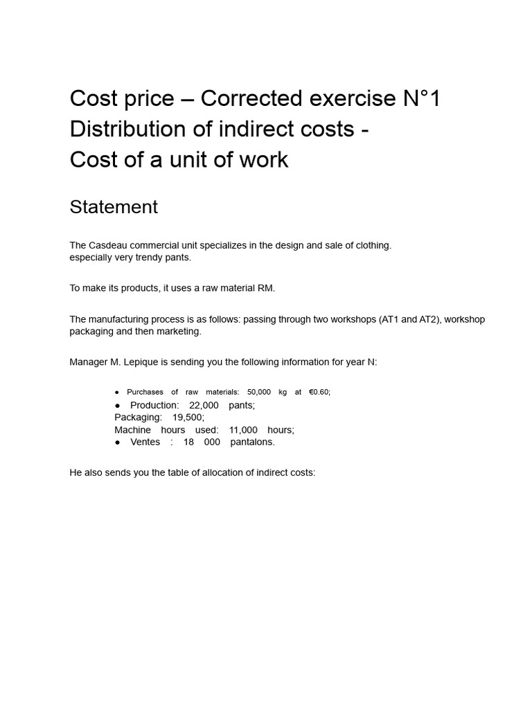 Cost Price - Corrected Exercise No. 1 - Allocation of Indirect Costs ...