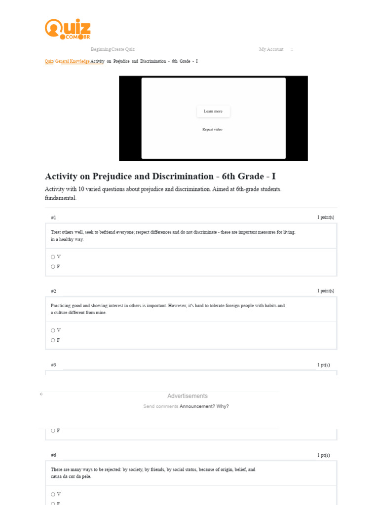 Activity on Prejudice and Discrimination - 6th Grade - I - Quiz | PDF ...
