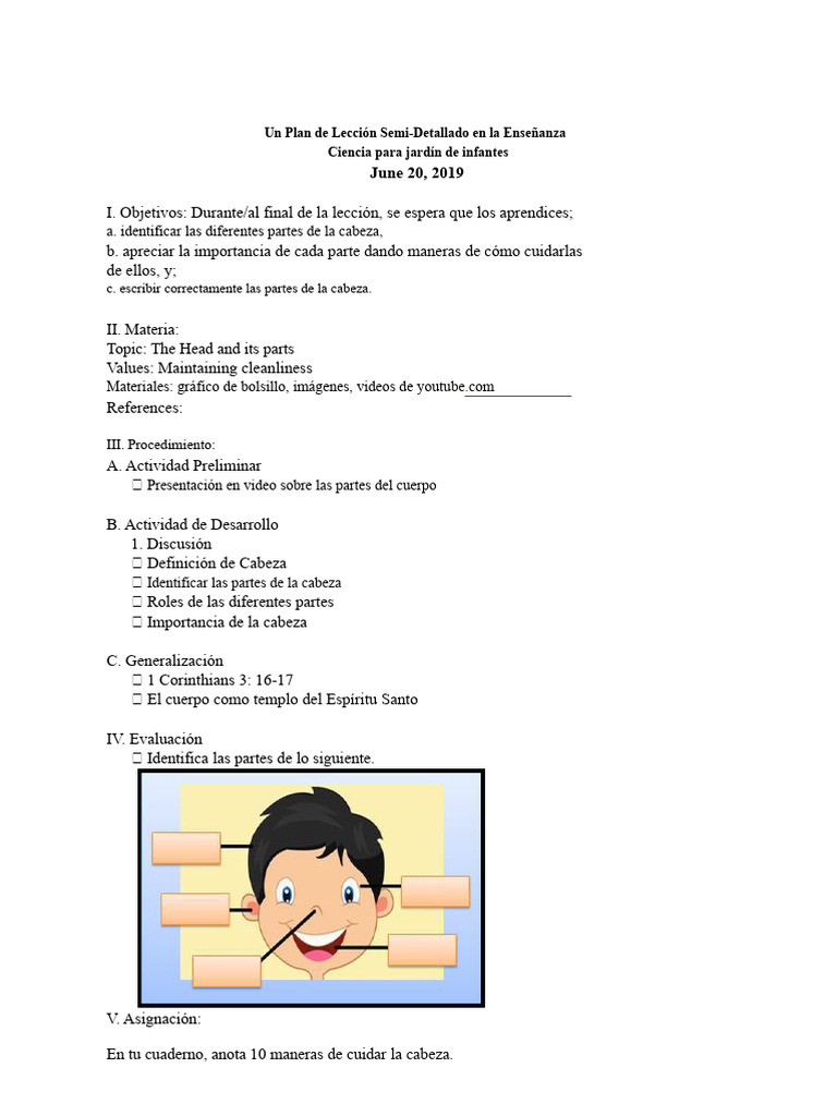 Plan de Lección - Cabeza y Boca | PDF