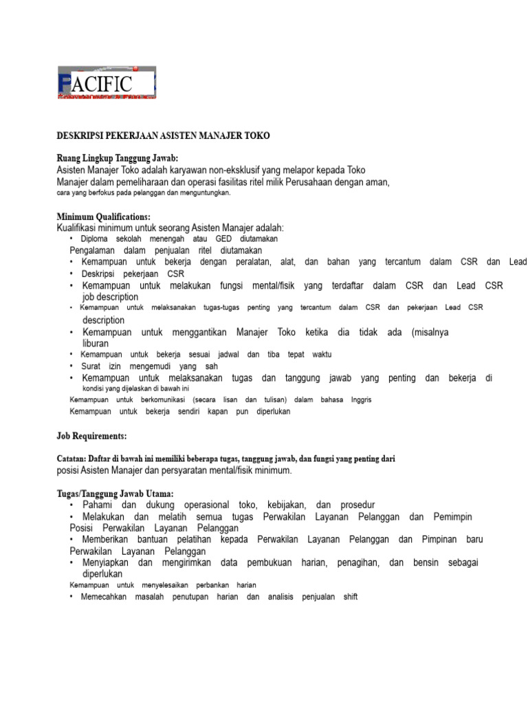 Deskripsi Pekerjaan Asisten Manajer Toko | PDF