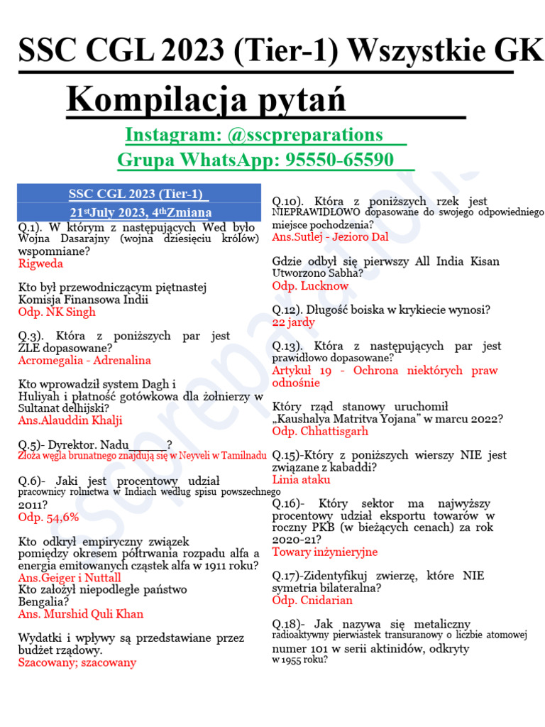 SSC CGL 2023 21 lipca (Zmiana-4) Wszystkie pytania z GK | PDF
