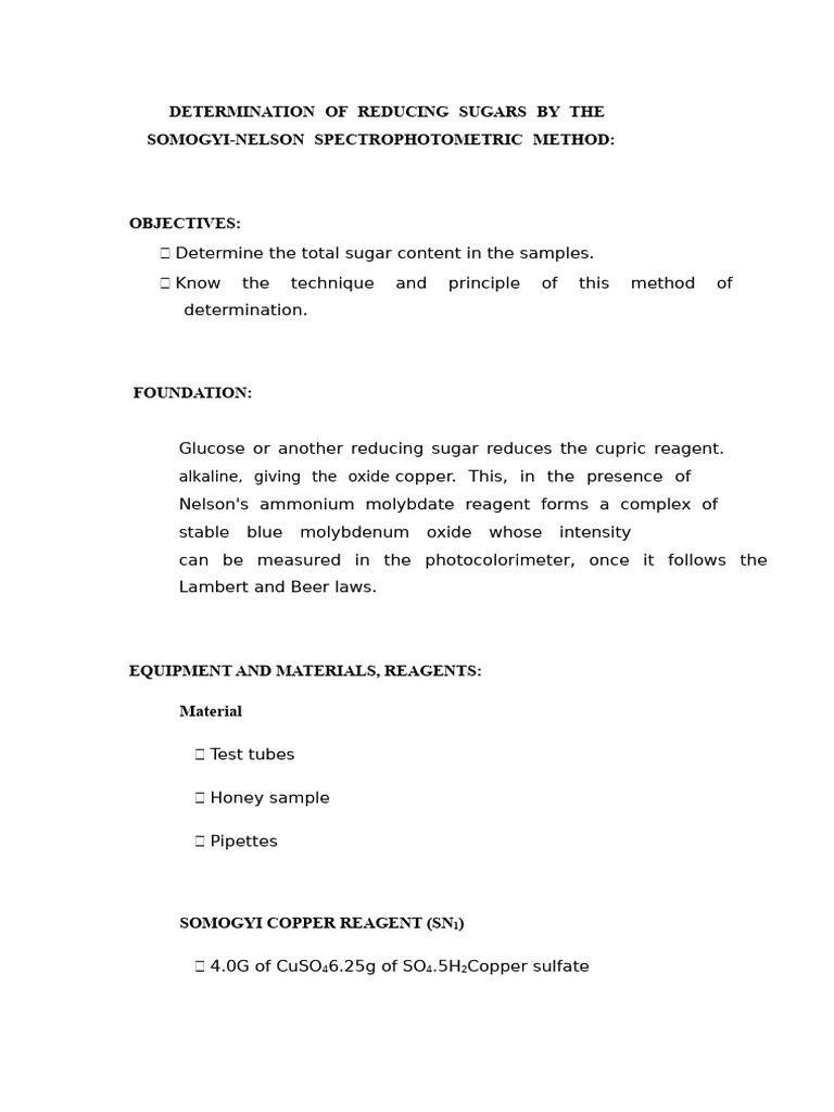 Somogyi-Nelson Method for Sugar Analysis | PDF | Spectrophotometry ...