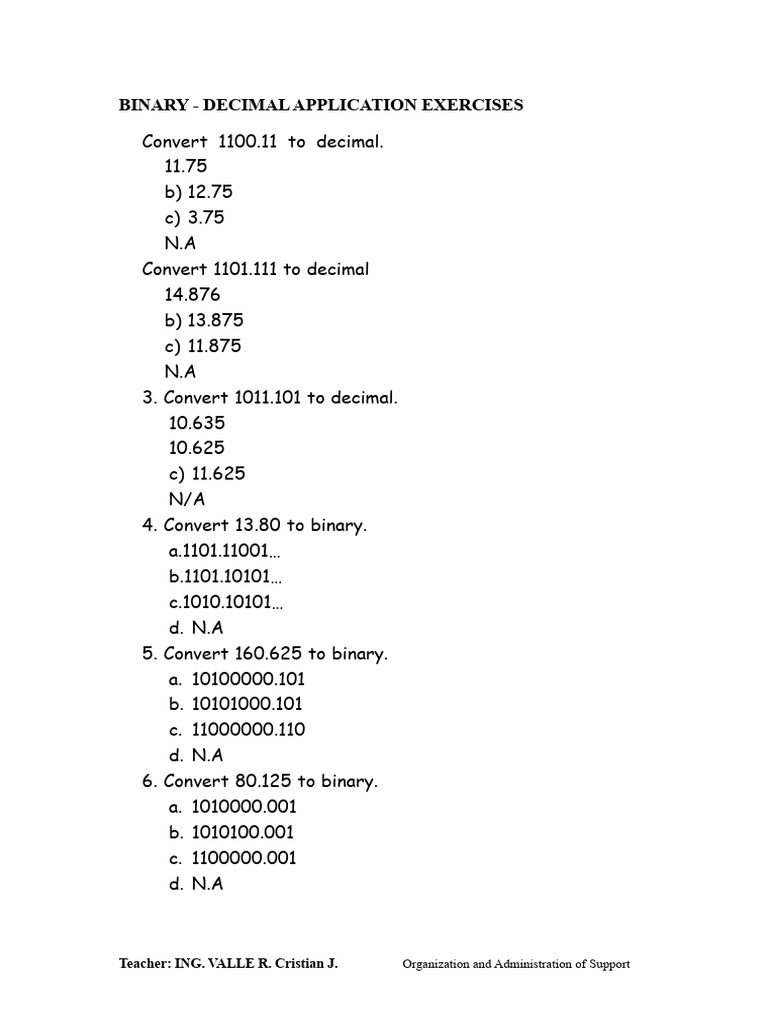 Binary, Decimal, Octal, Hex Exercises | PDF | Theory Of Computation ...