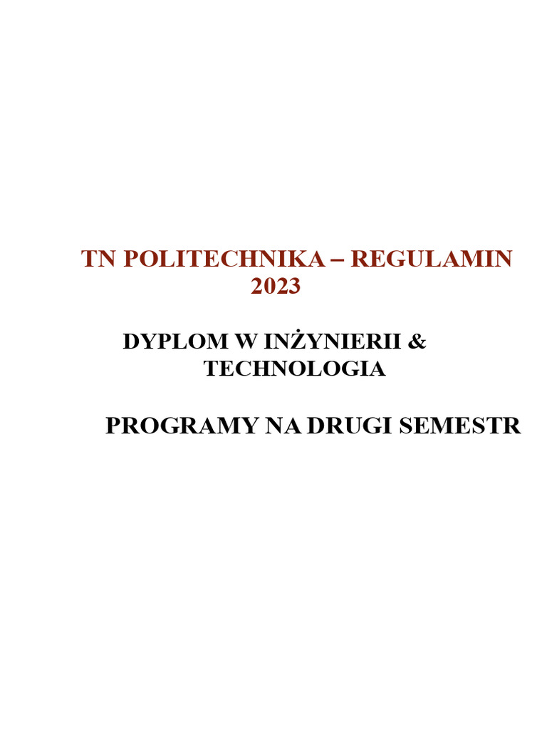 DYPLOM Program nauczania drugi semestr (główne kierunki) | PDF