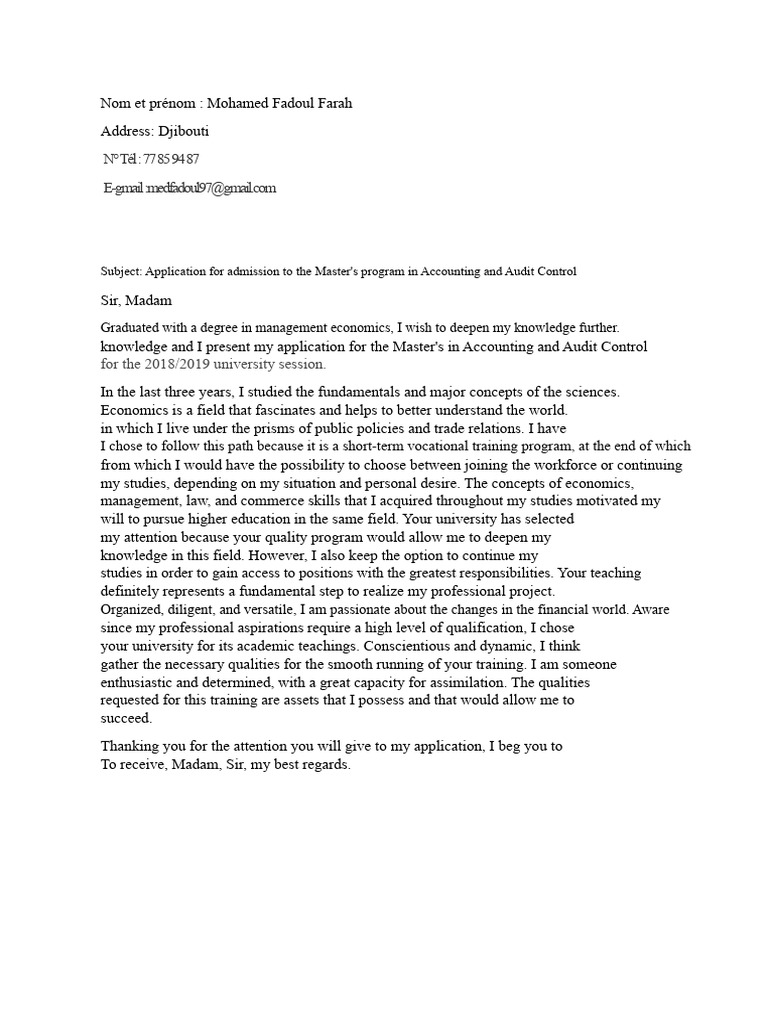 Motivation Letter For Master's Degree | PDF