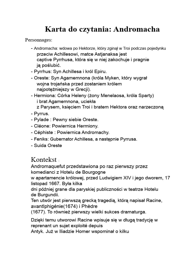 Karta Do Czytania Andromacha Z Podsumowaniem | PDF