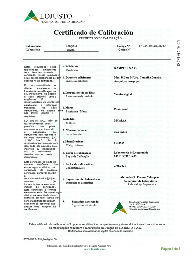 Certificado de Calibração E1241-1984B-2021-1 Vernier Digital Blue.point ...