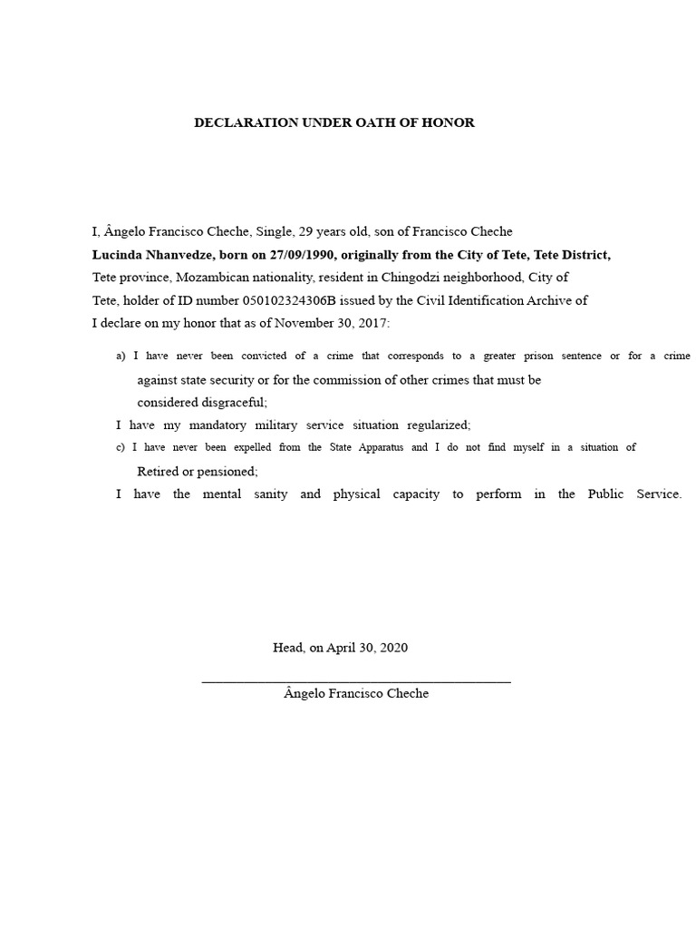 Honor Declaration by Ângelo Cheche | PDF