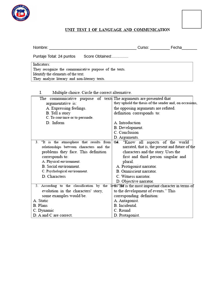 Unit I Test of Language and Communication | PDF | Narration | Violence