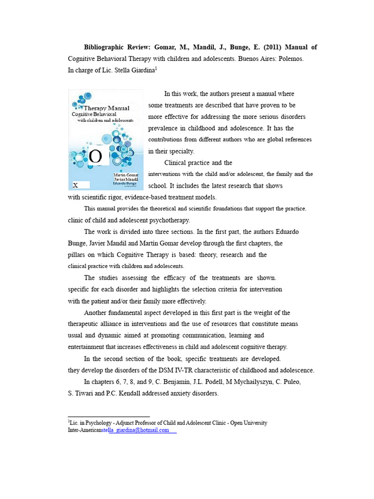 Cognitive Behavioral Therapy Manual for Youth | PDF | Cognitive ...