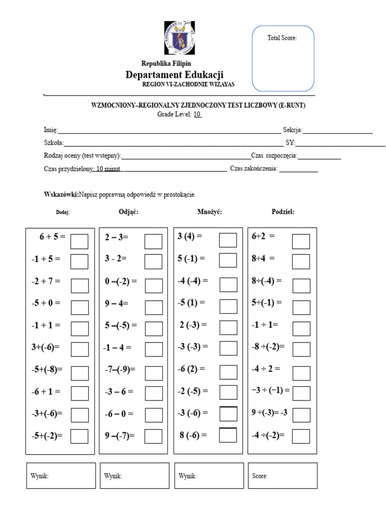 ERUNT Próbny Test Klasa 10 | PDF