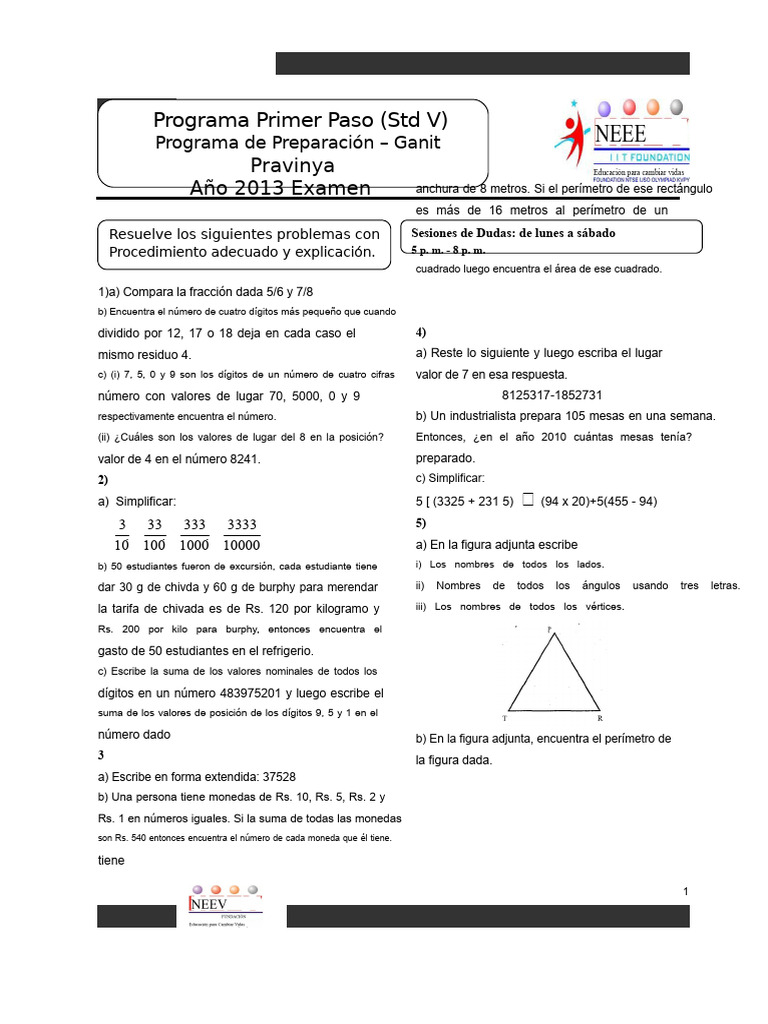 Prueba de Ganit Pravinya 2013 para El 5to Grado | PDF | Litro