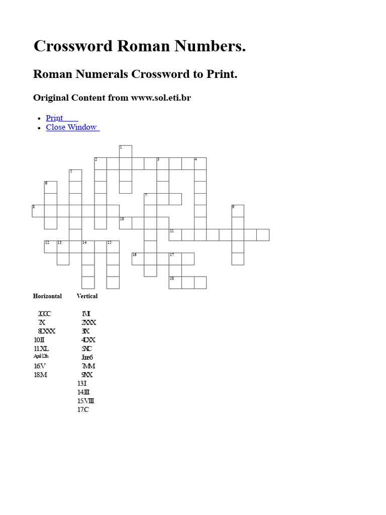 Free Printable Roman Numerals Crossword. | PDF