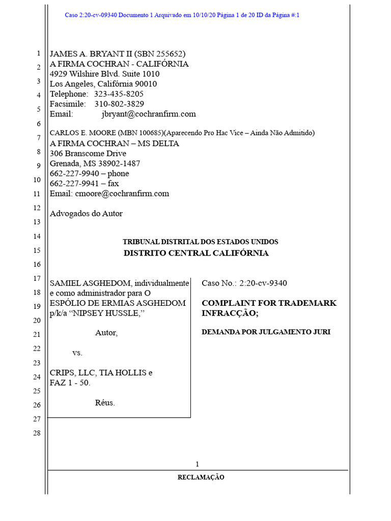 Queixa - Samiel Asghedom v. Tia Hollis et al. (Nipsey Hussle/The ...