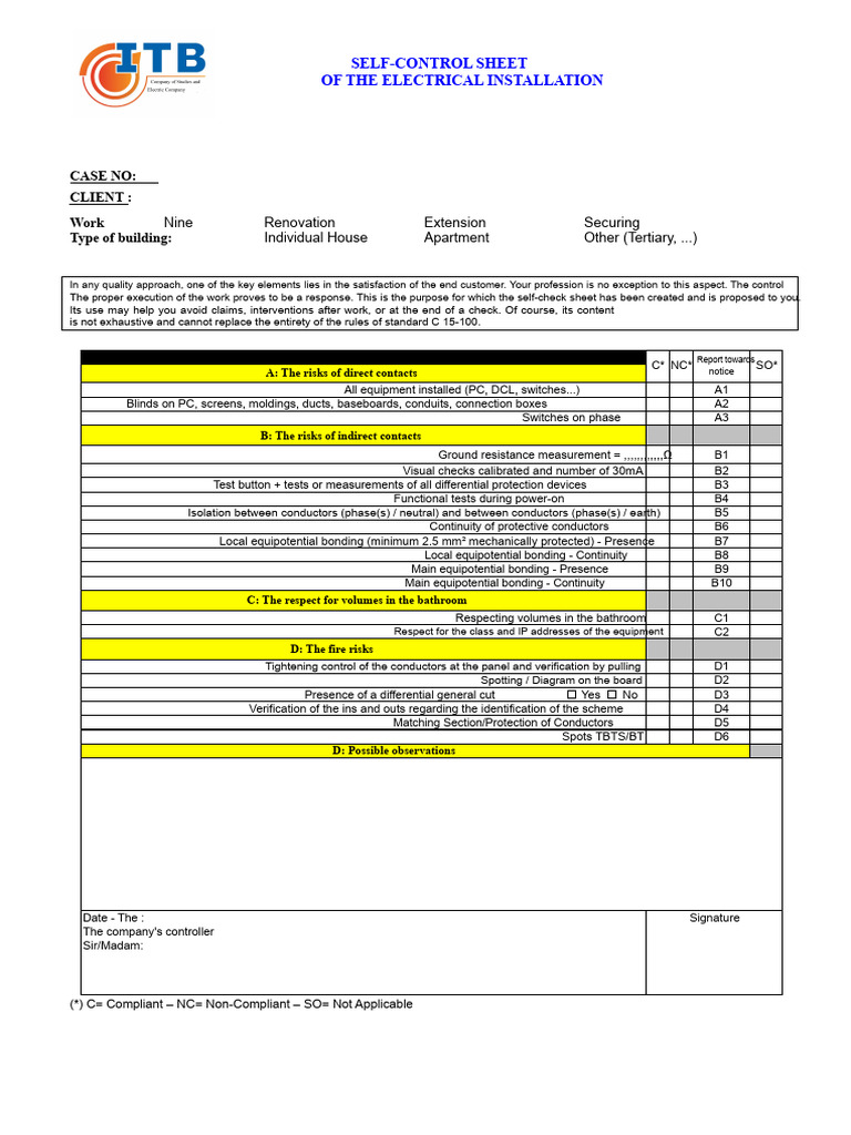 Electrical Installation Self-Control Sheet | PDF | Fuse (Electrical ...