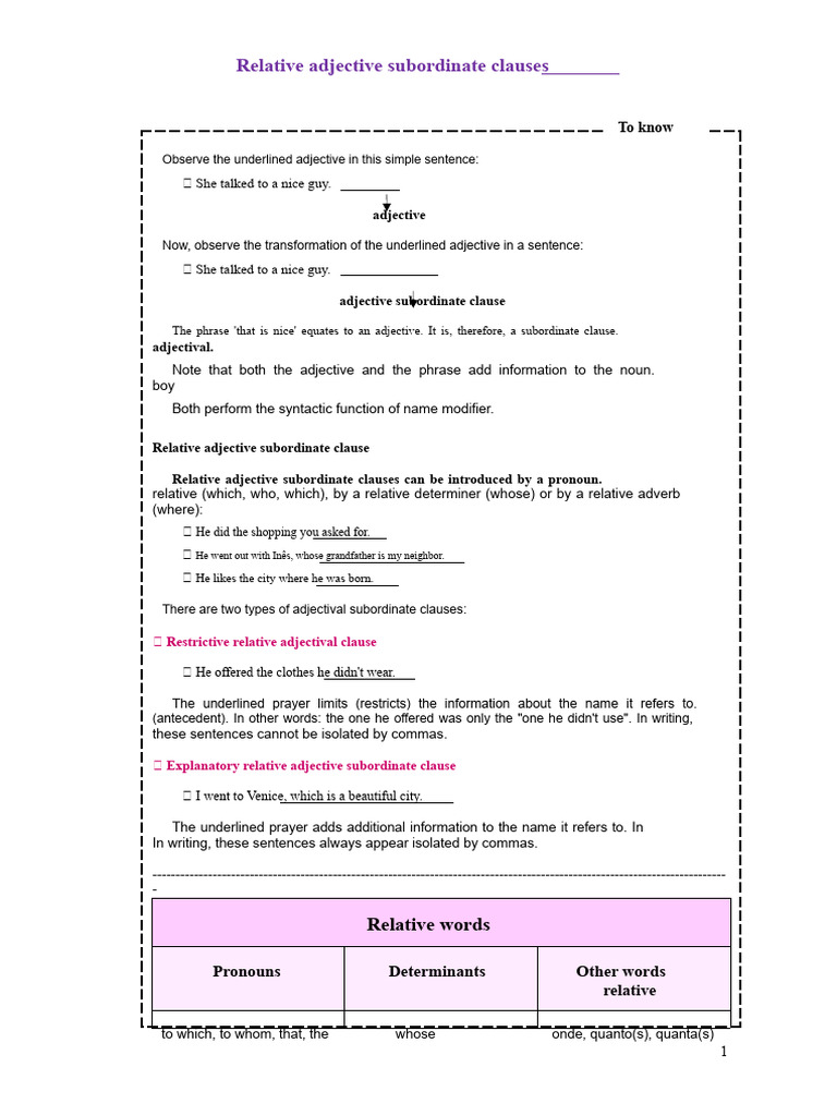 Restrictive and explanatory relative adjective subordinate clauses ...