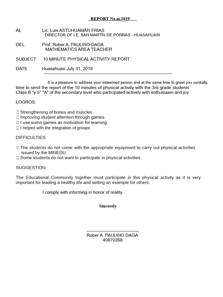 Physical Activity Report July | PDF | Behavior Modification | Psychology