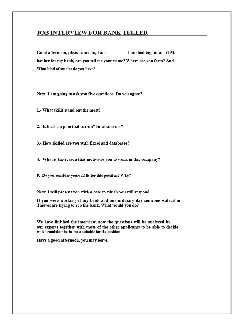 Job Interview For Bank Teller | PDF