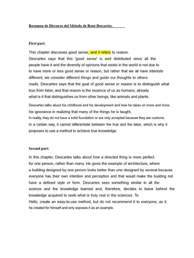 Summary of René Descartes' Discourse On The Method | PDF | René ...