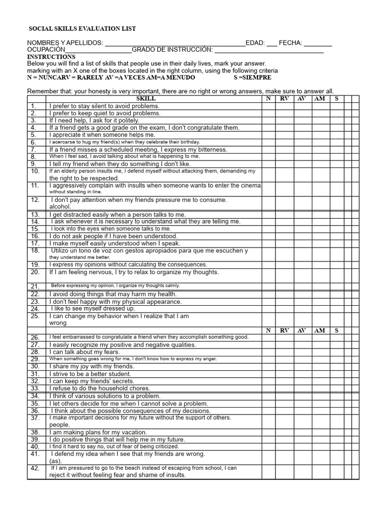 SOCIAL SKILLS ASSESSMENT LIST | PDF | Anger | Thought
