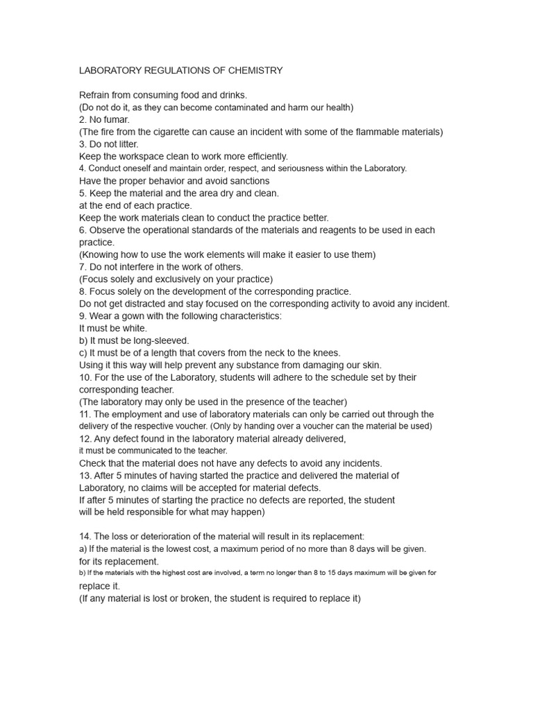 Laboratory Regulations of Chemistry | PDF