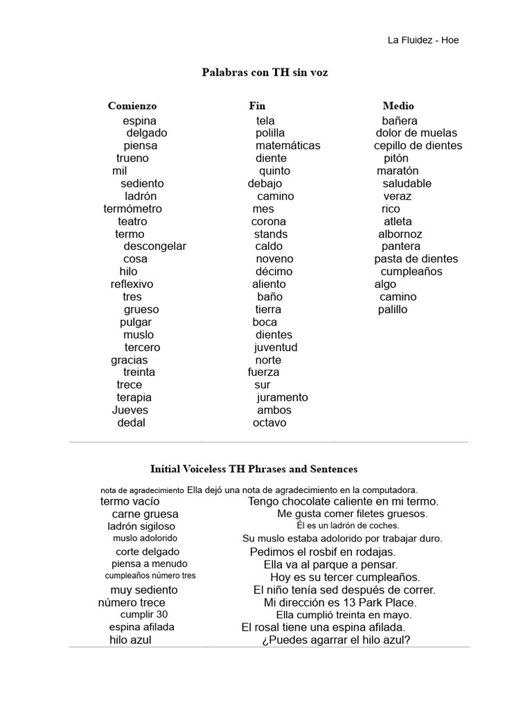 Palabras y Frases con TH en Español | PDF