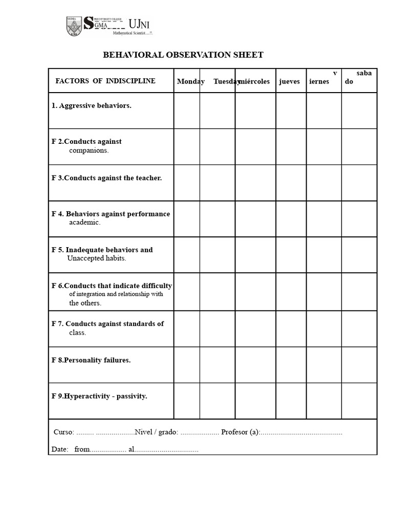 BEHAVIORAL OBSERVATION SHEET | PDF | Behavioural Sciences ...