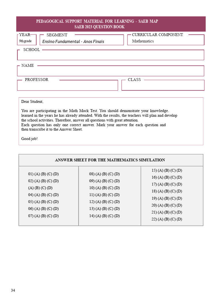 SAEB mock exam 9th grade Mathematics (SAEB MAP) | PDF | Area ...