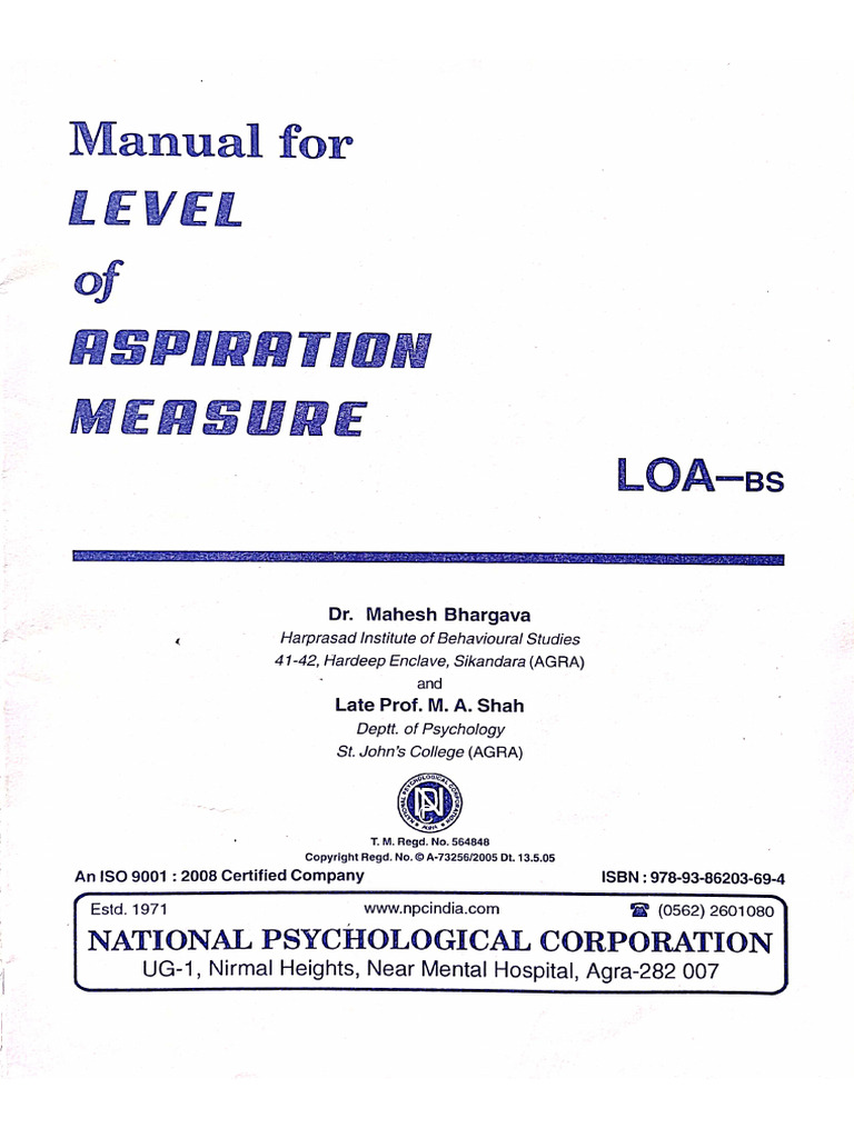 Level of Aspiration Scale Manual 1 | PDF